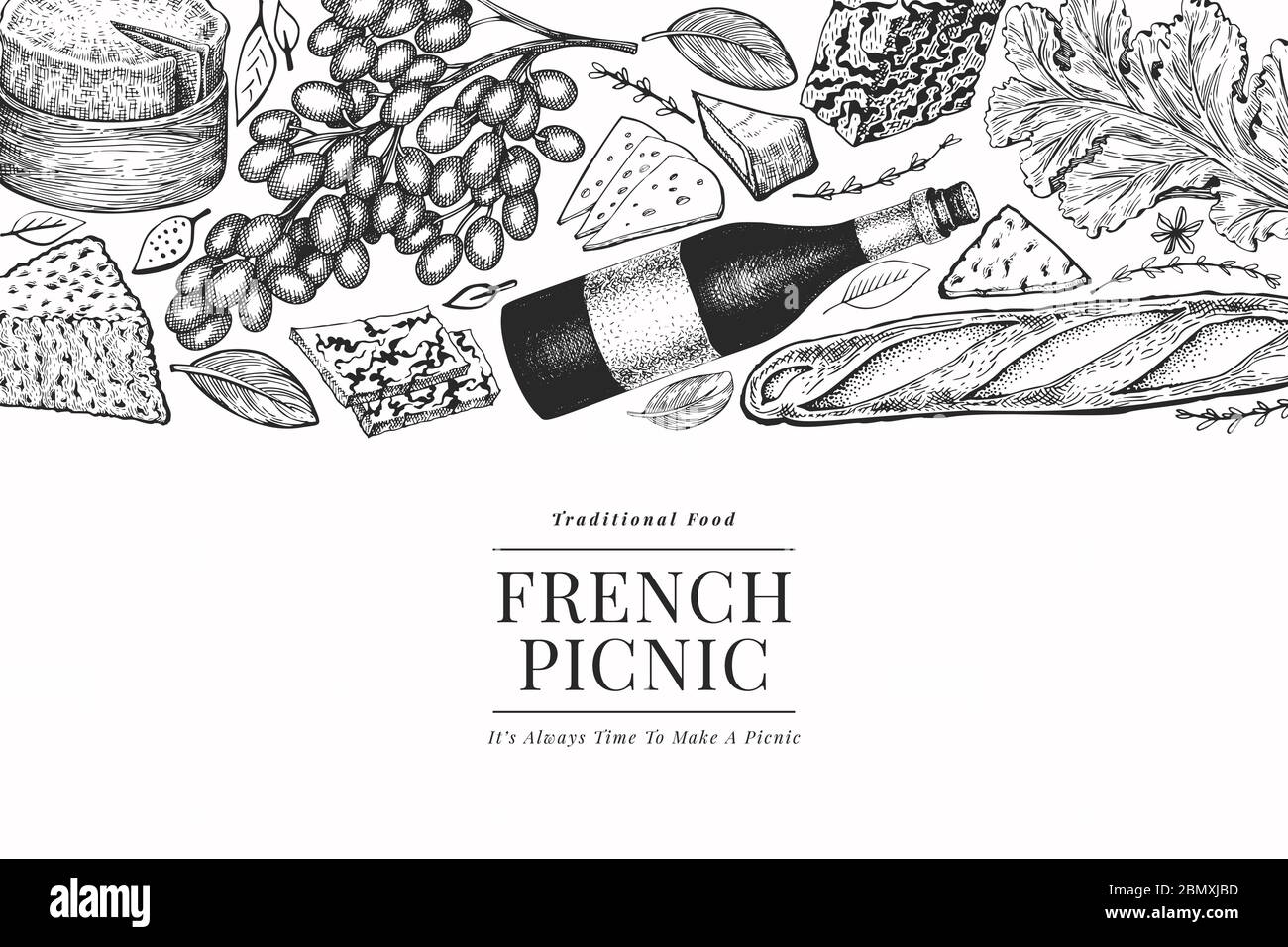 French food illustration design template. Hand drawn vector picnic meal ...