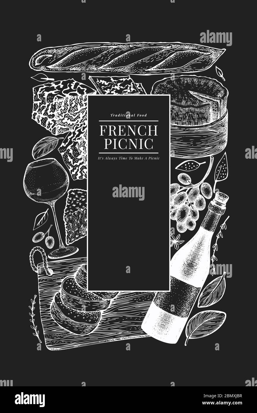 French food illustration design template. Hand drawn vector picnic meal ...