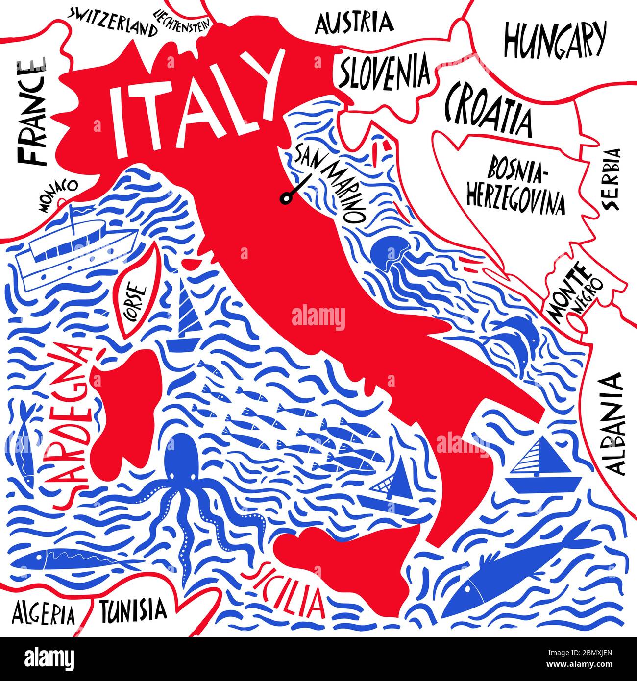 Vector hand drawn stylized map of Italy. Travel illustration of Italian ...