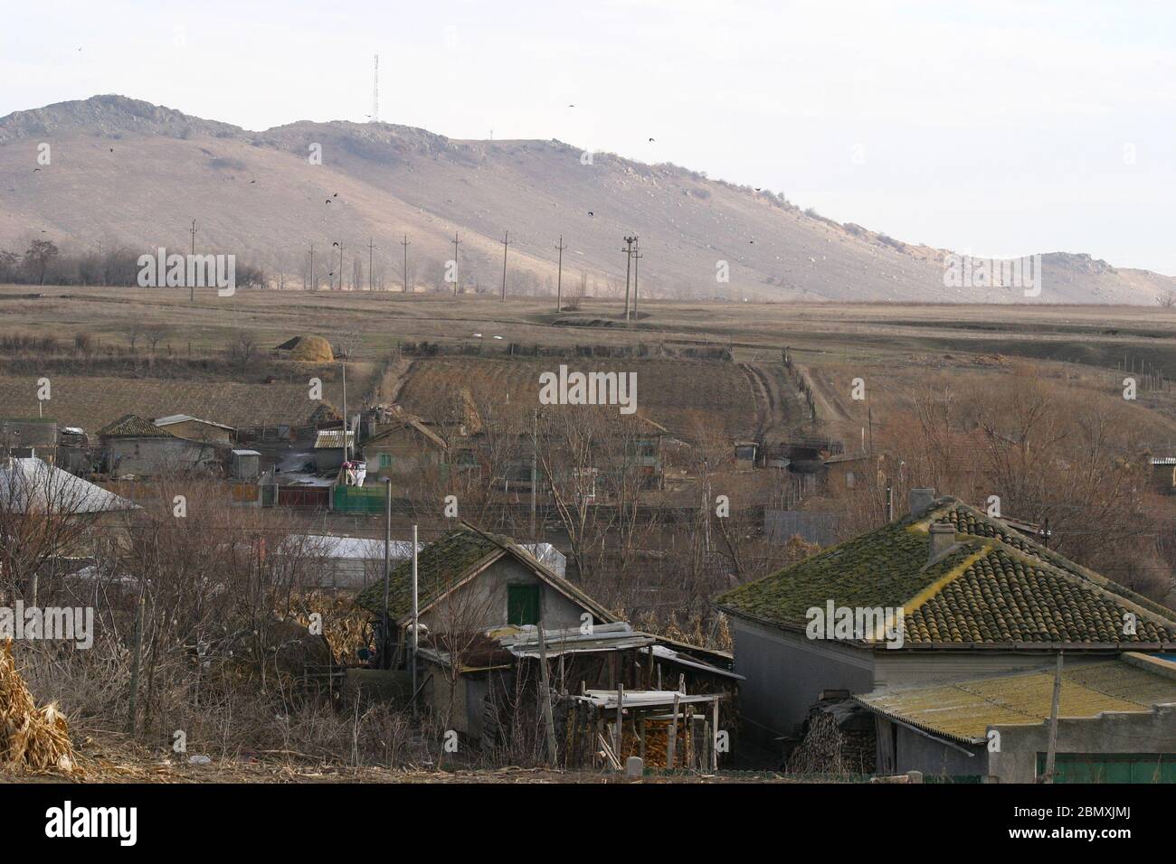 Winter landscape in Dobrogea, Romania. Agricultural land and primitive ...