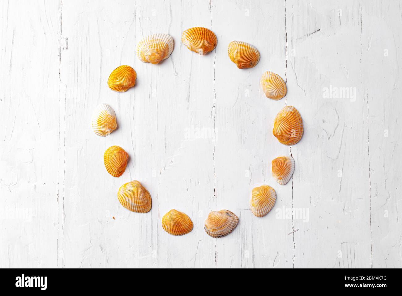 Round frame formed from sea shells on white wooden background, top view ...