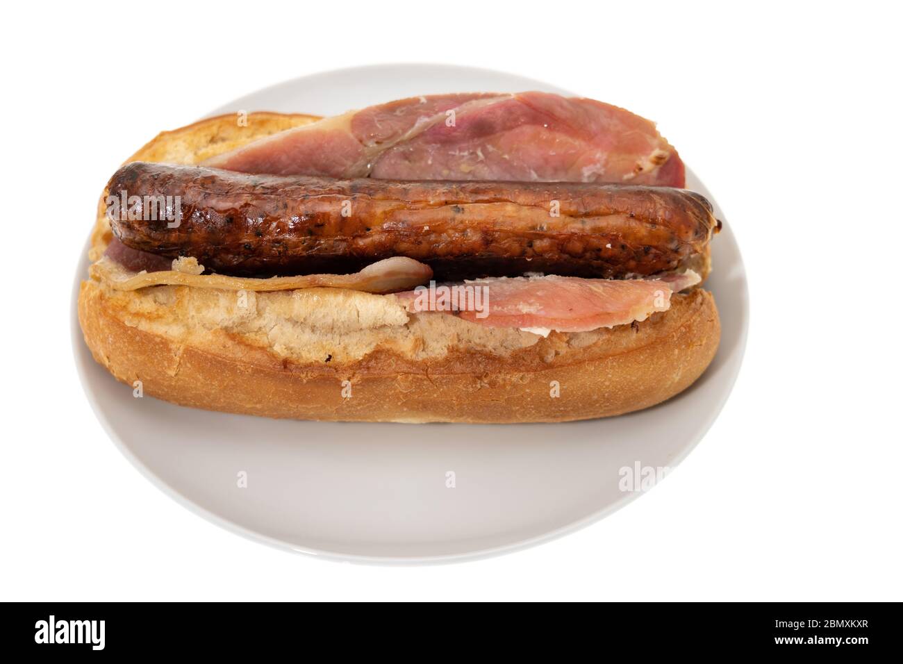 Sausage and bacon bread roll sandwich - white background Stock Photo ...