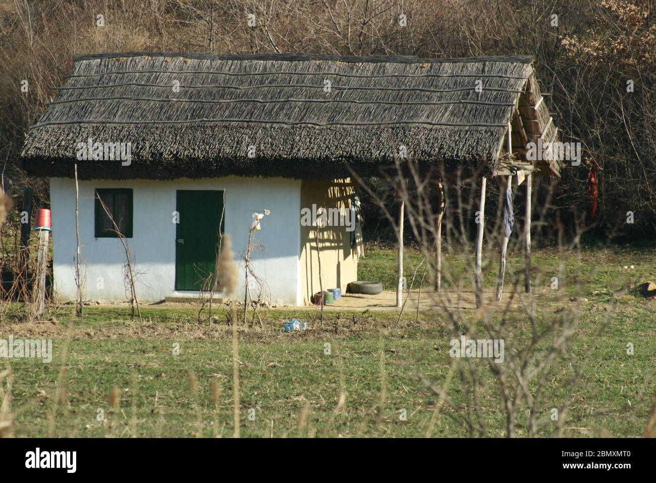 Simple, primitive dwelling with thatched roof in Dobrogea, Romania ...