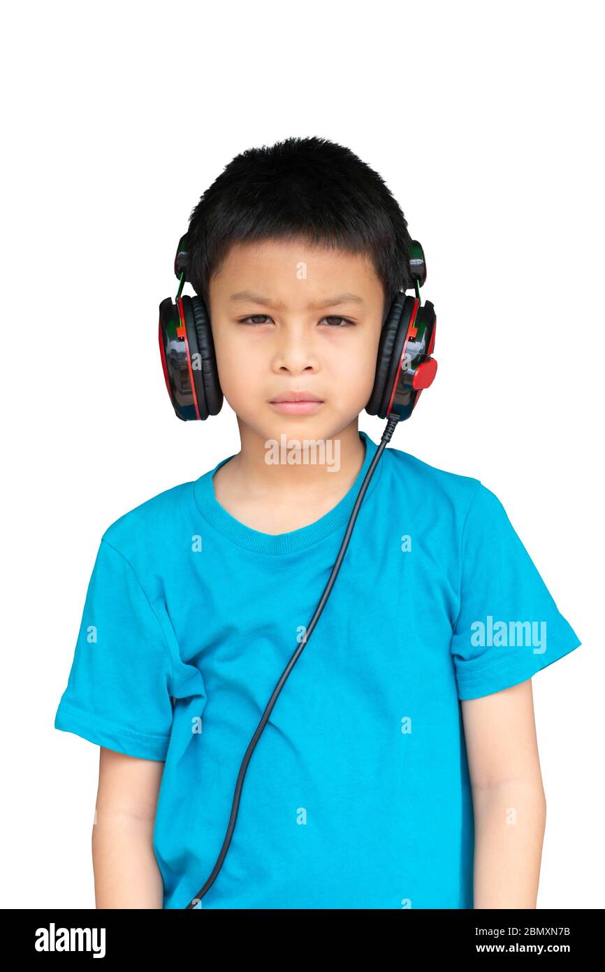 Isolated Portrait of Asian boy wearing headphones on a white background ...