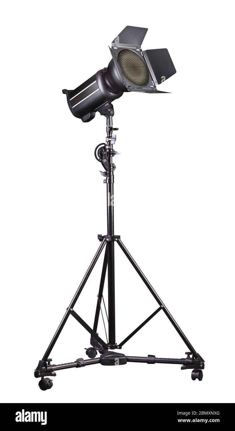 Photography studio flash on a lighting stand isolated on white ...