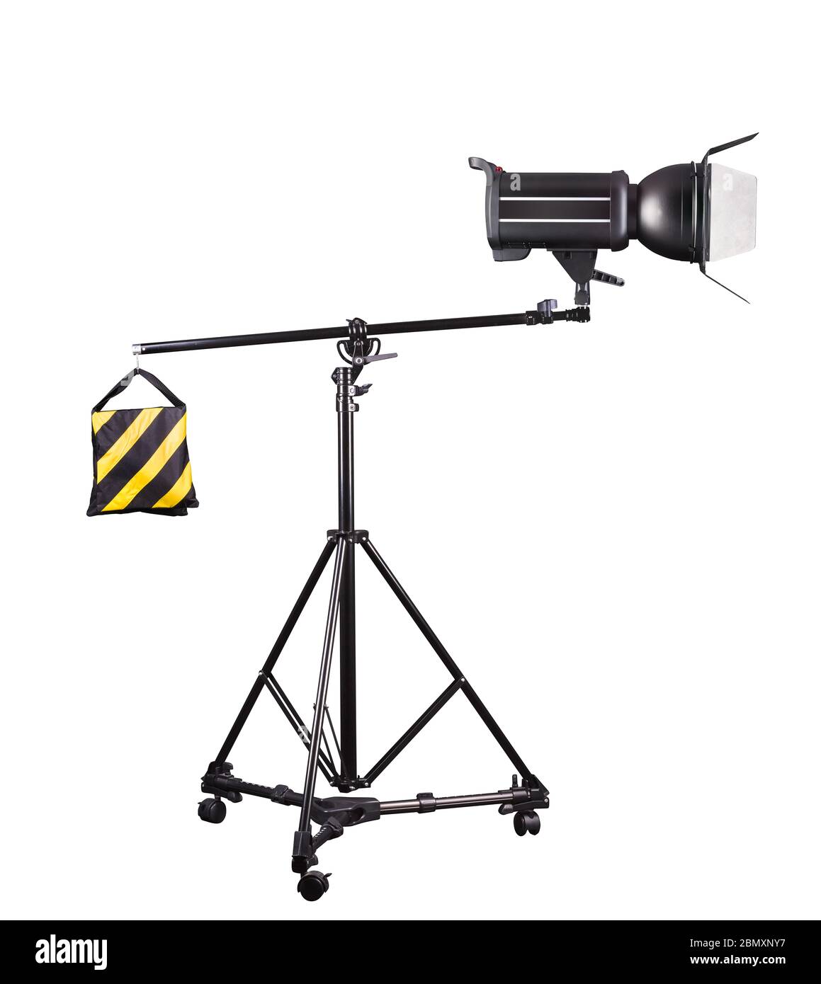 Photography studio flash on a lighting stand isolated on white ...