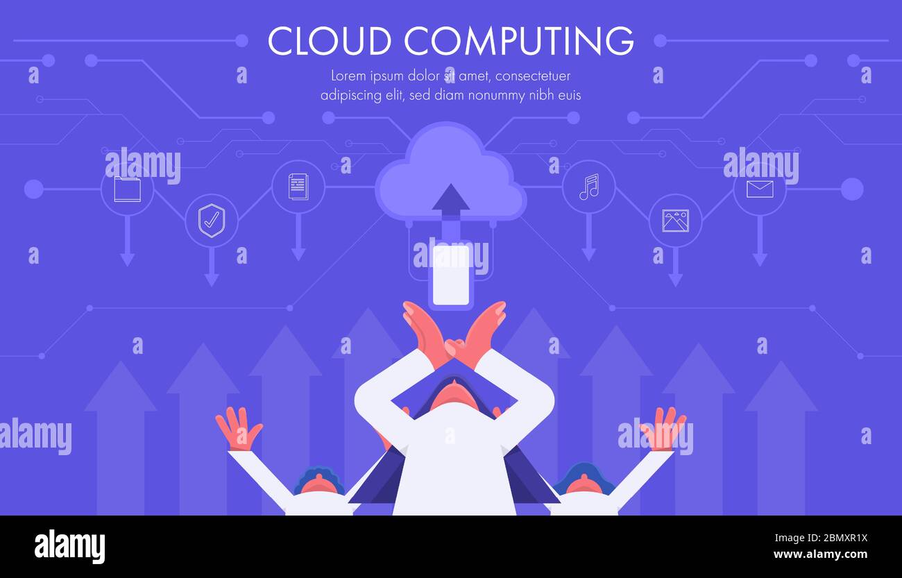 Concept cloud computing technology vector illustration with flat design people ,white outline ...