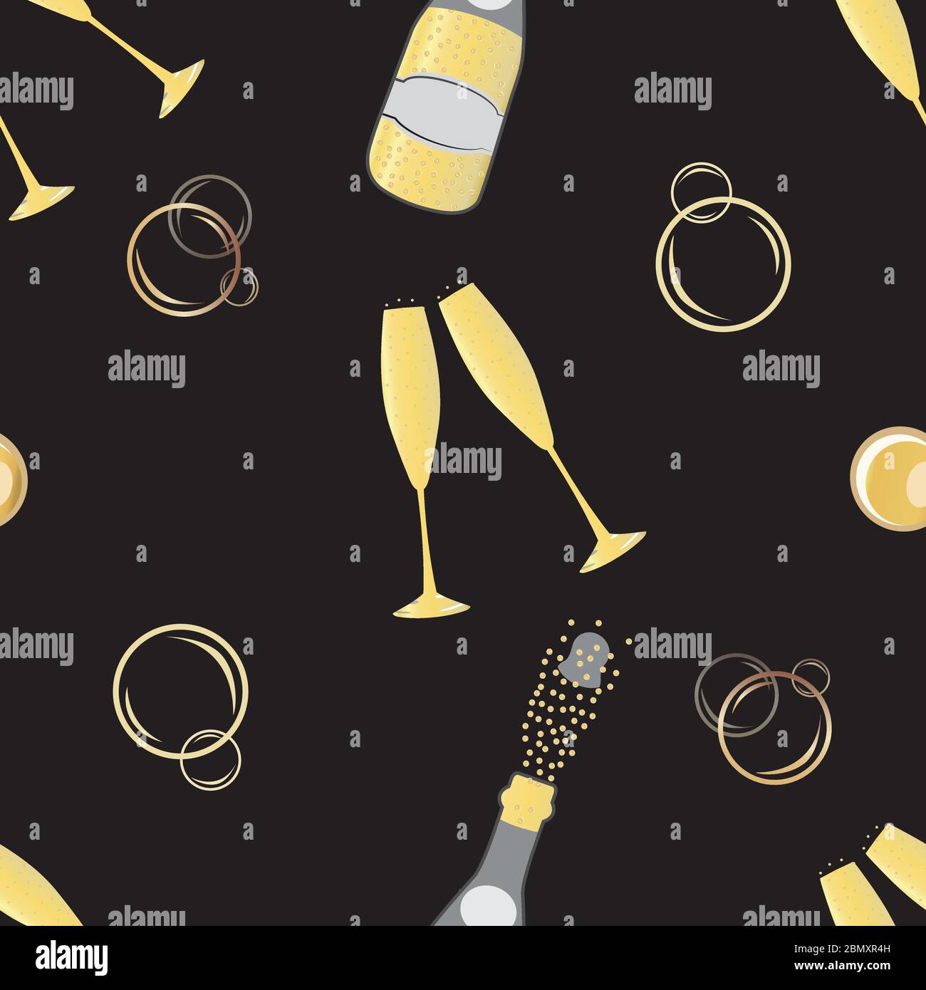 Champagne bubbles vector seamless pattern background. Hand drawn bottles, glasses, fizzy drink ...