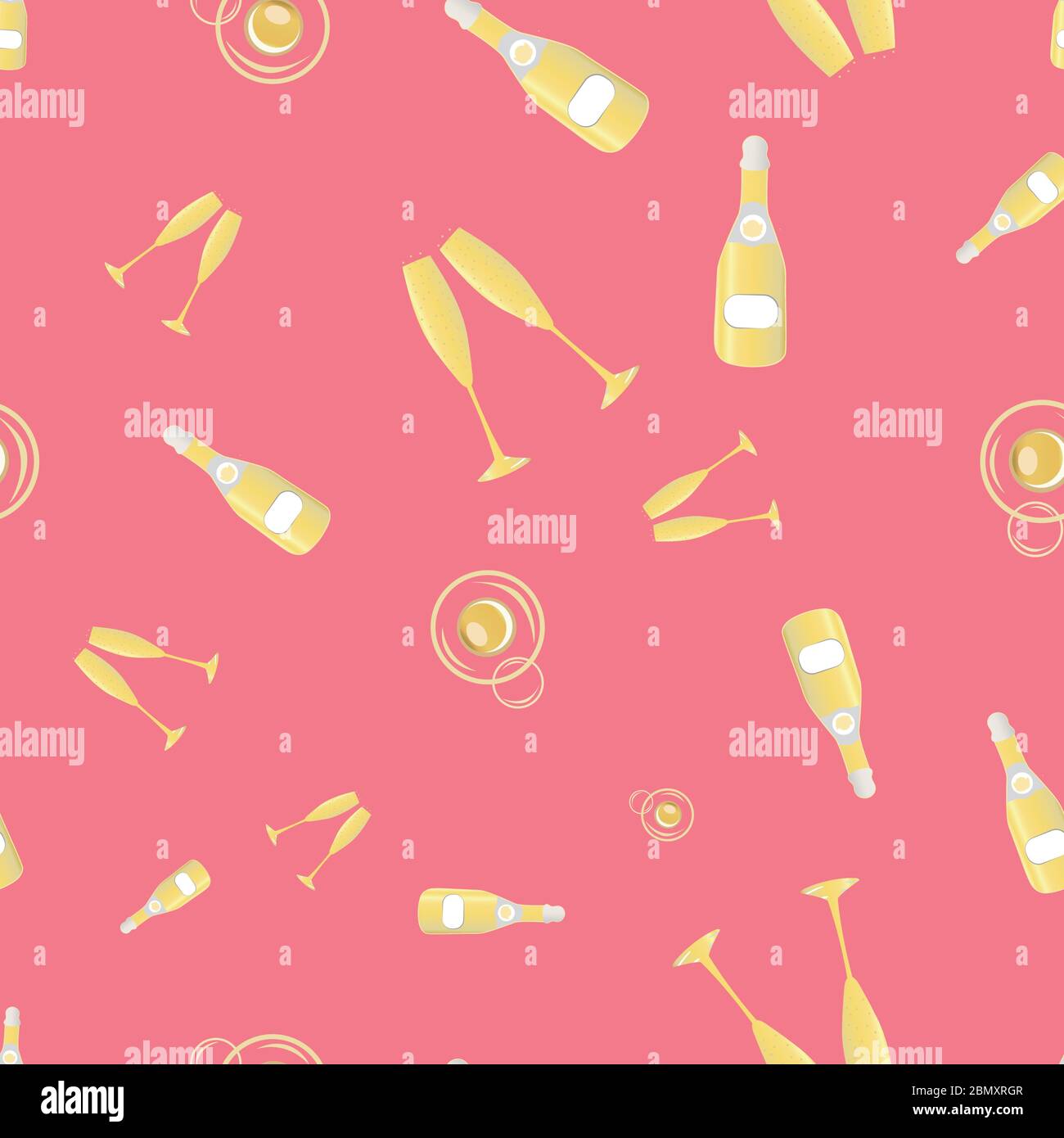Champagne bubbles vector seamless pattern background. Hand drawn bottles, glasses, fizzy drink ...