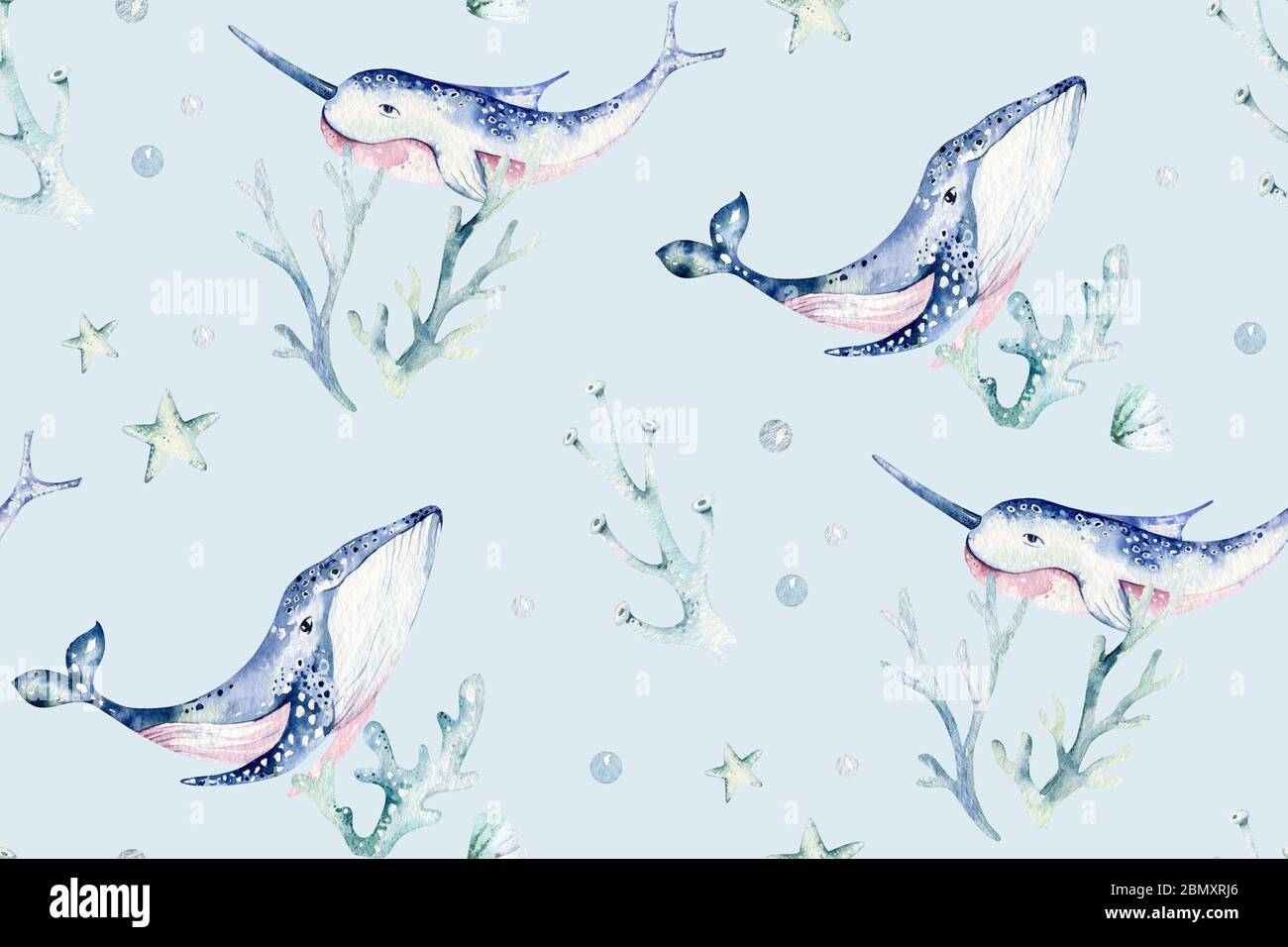 Sea animals blue watercolor ocean seamless pettern fish, turtle, whale ...