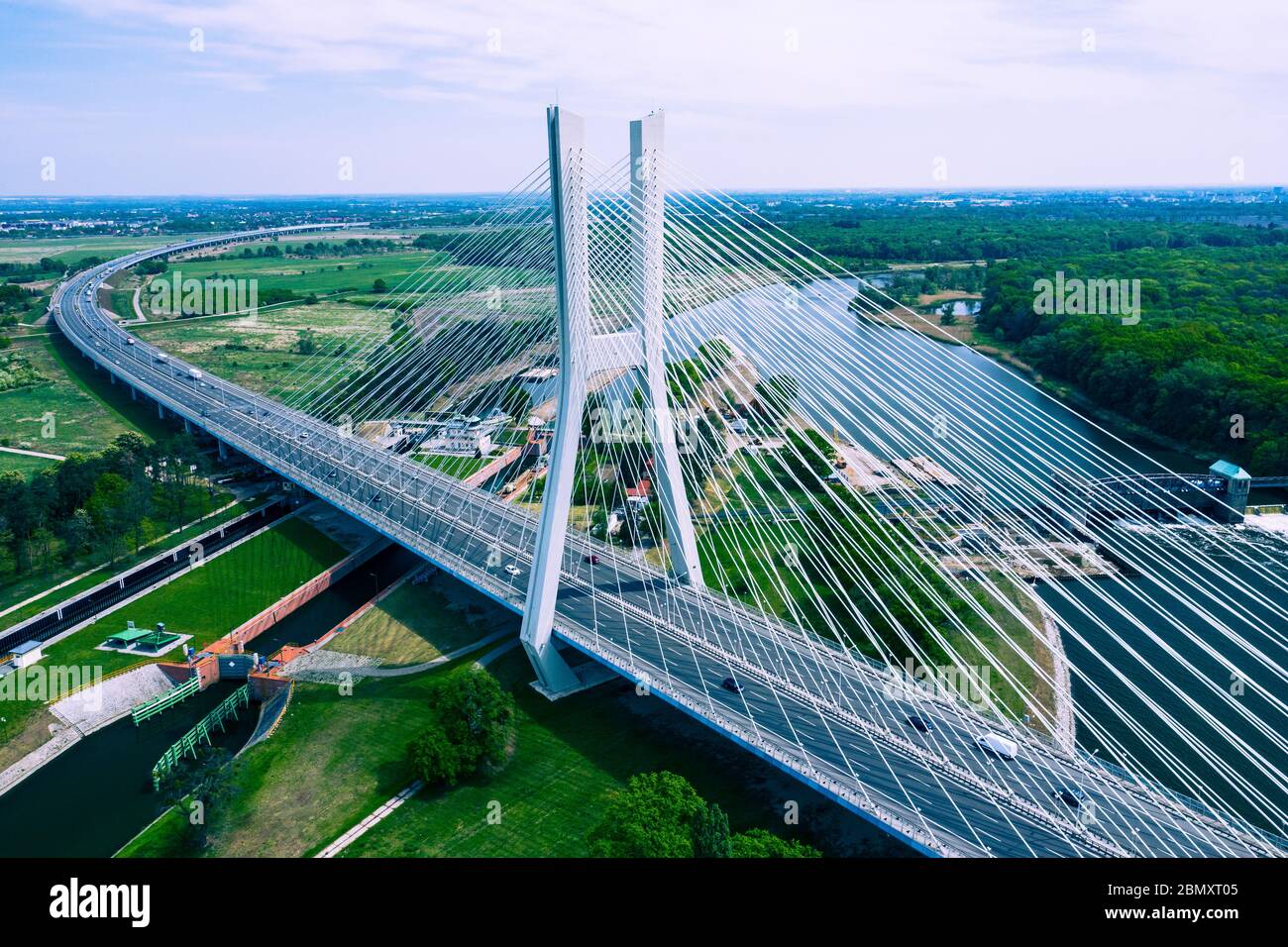 Aerial view of Most Redzinski bridge over Oder river in Wroclaw, Poland ...