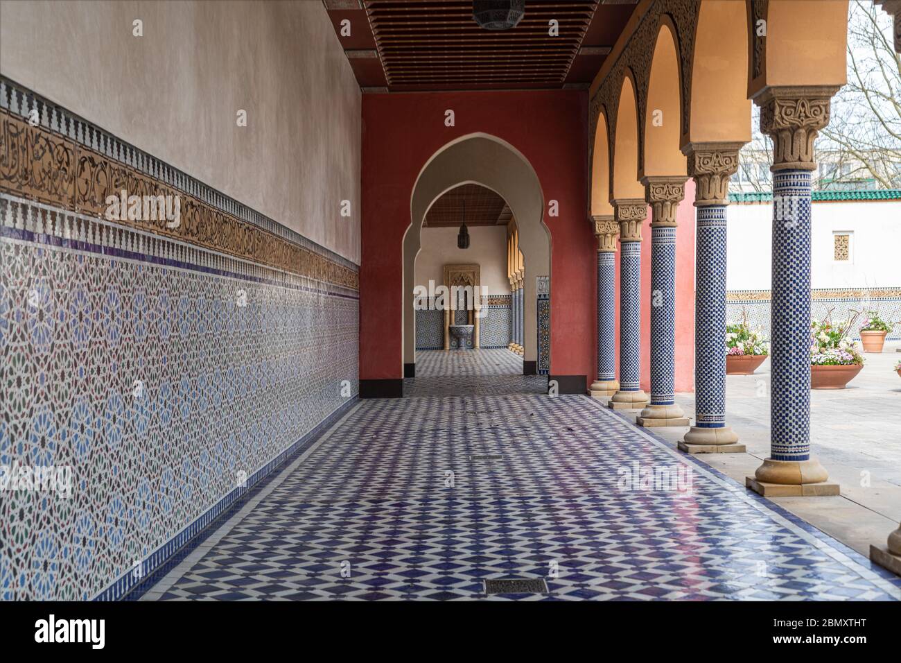 arabic arcade colonnade portico with wooden ceiling with ornaments ...