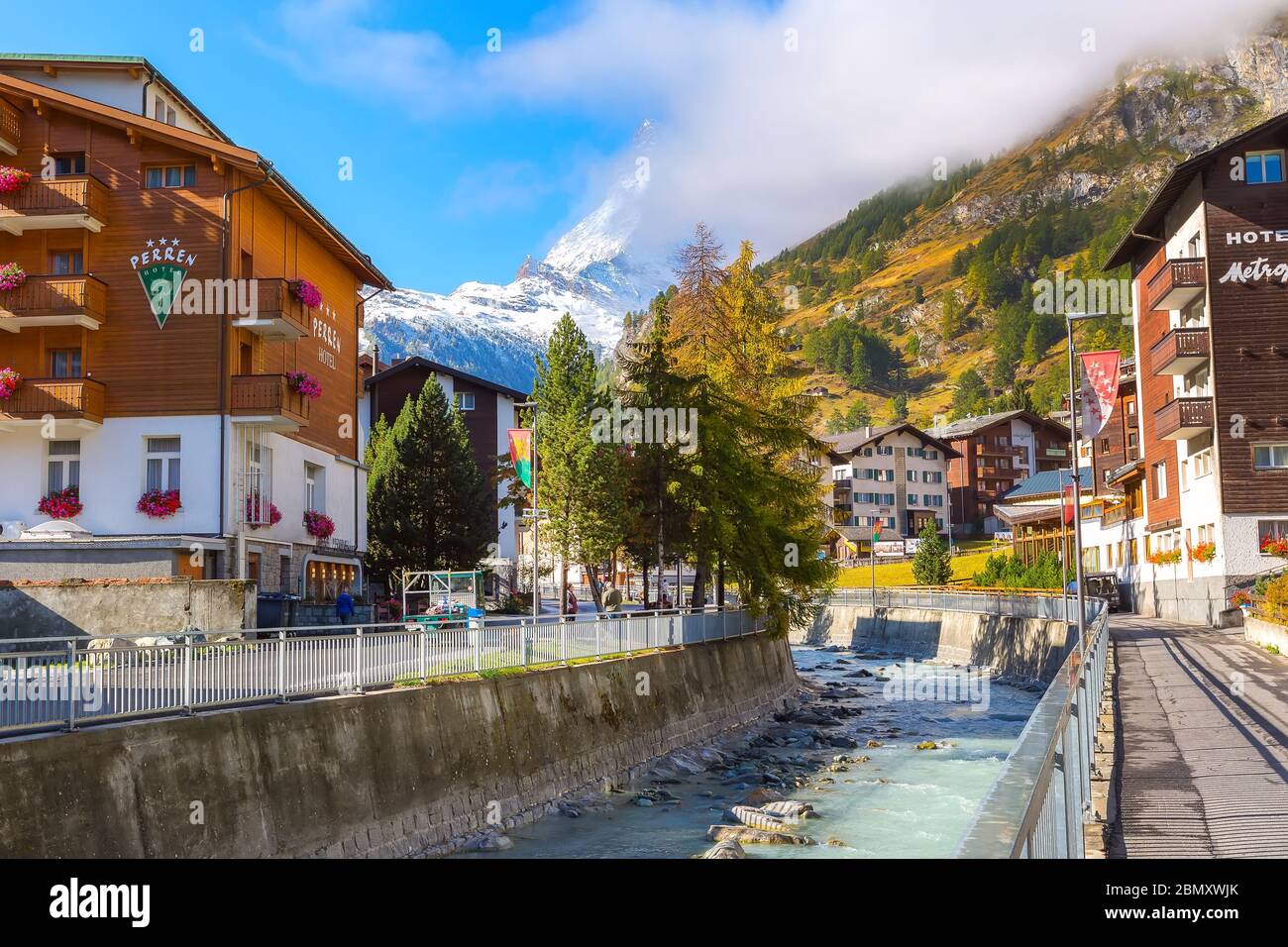 Zermatt, Switzerland - October 7, 2019: Town street view in famous ...