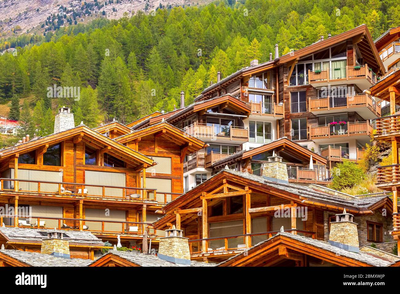 Zermatt, Switzerland town aerial view in famous swiss ski resort ...