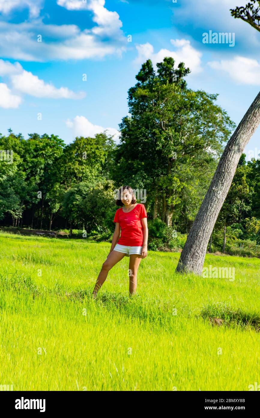 Woman in rice fields. And the beautiful green trees Stock Photo - Alamy