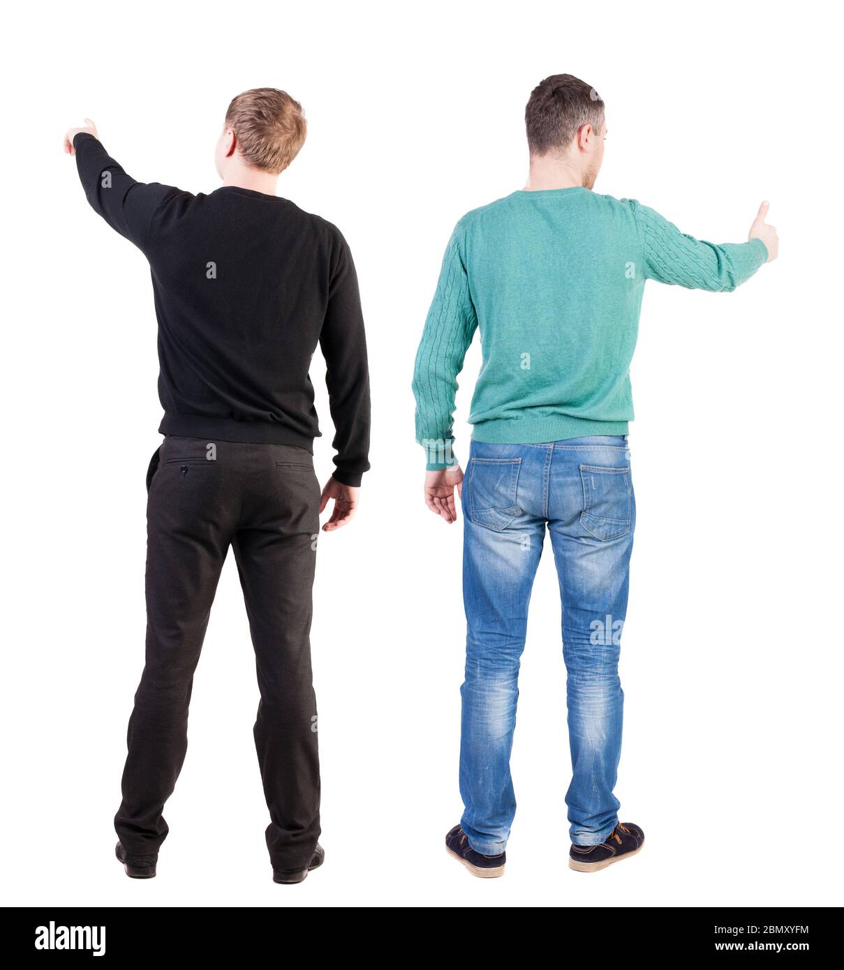 Back view of two man in sweater pointing. Rear view people collection ...