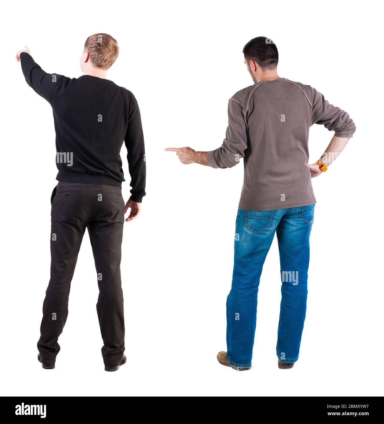 Back view of two man in sweater pointing. Rear view people collection ...