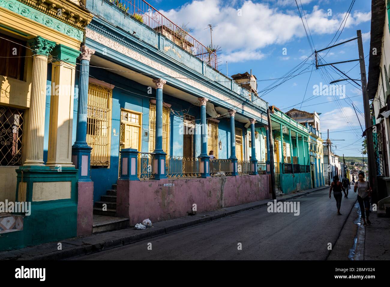 Typical street with historical buildings in the city centre, Santiago ...