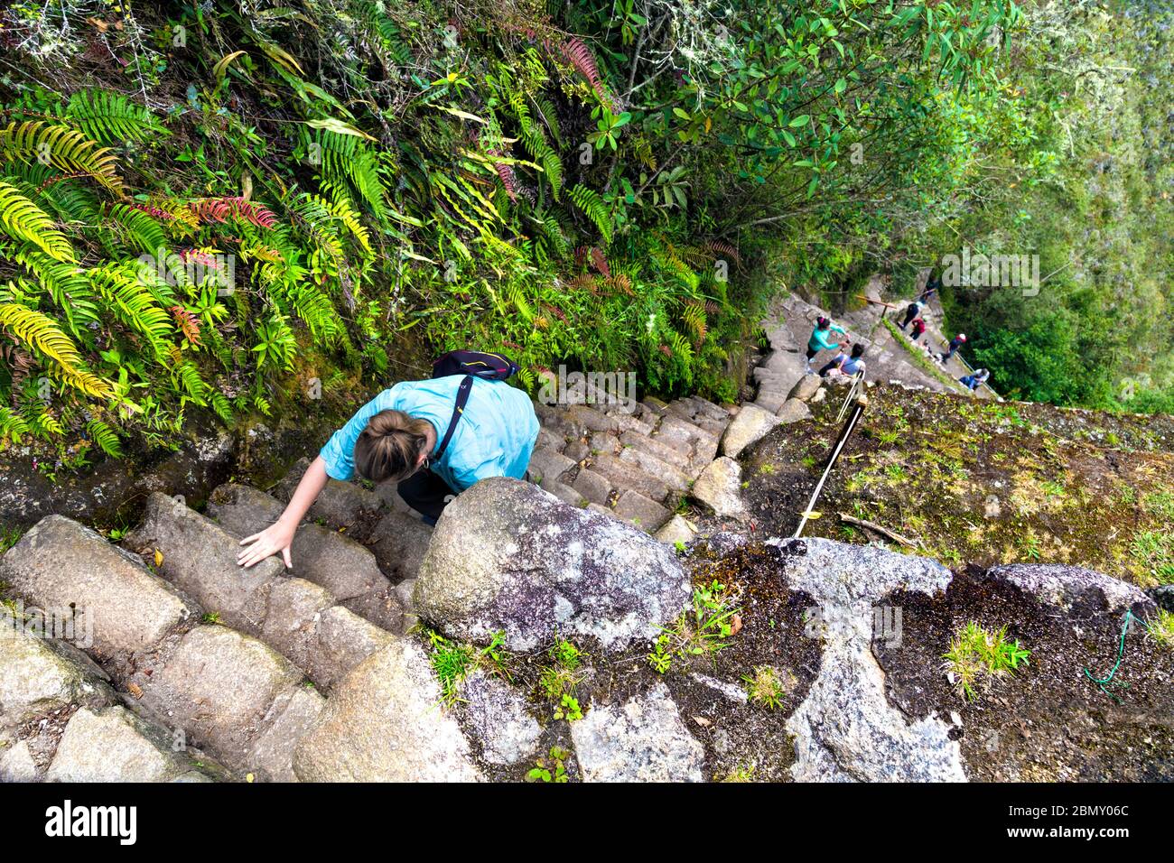 Tourist climbing very steep stairs to the top of Huayna Picchu, Machu ...