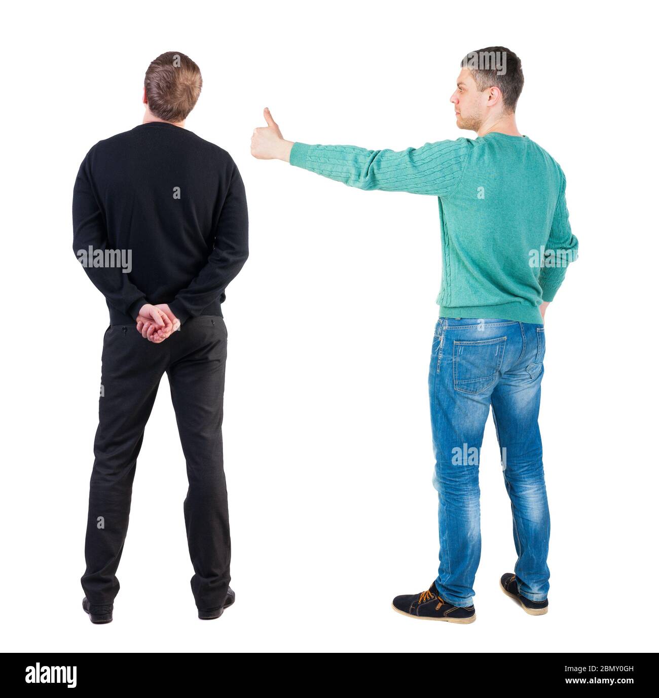 Back view two man in sweater showing thumb up. Rear view people ...