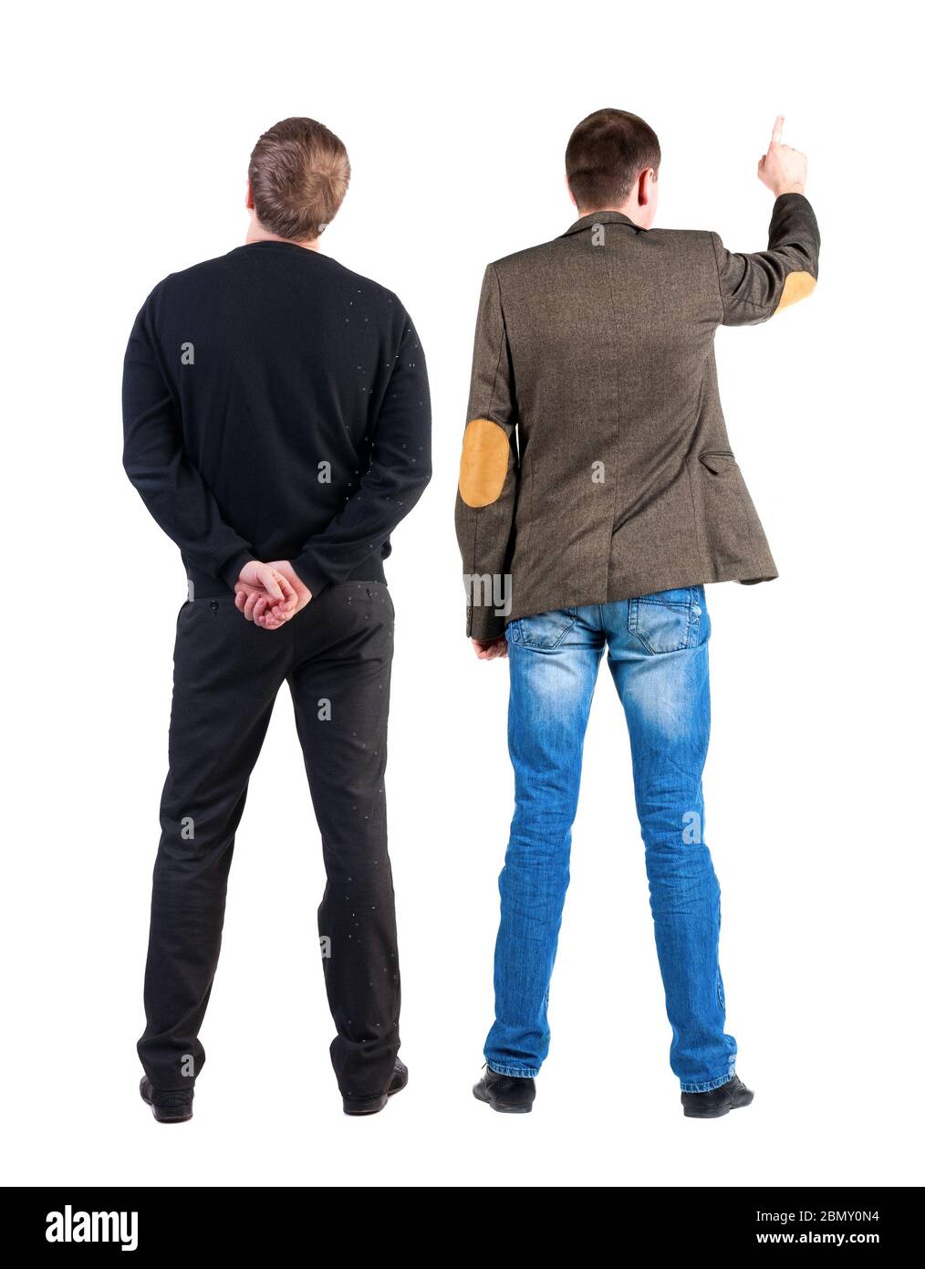 Back view of two man in sweater pointing. Rear view people collection ...