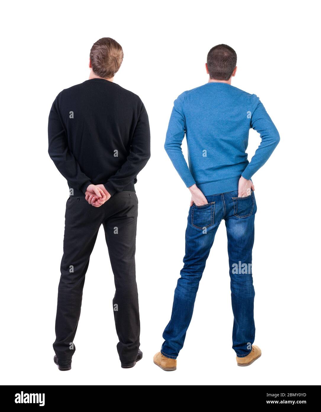 Back view of two man in sweater pointing. Rear view people collection ...