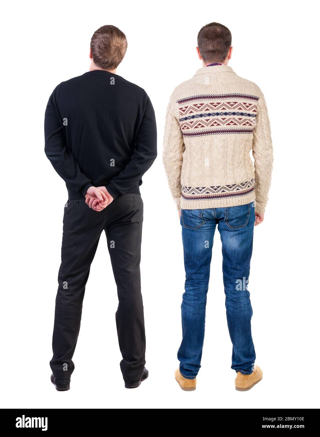 Back view of two man in sweater pointing. Rear view people collection ...