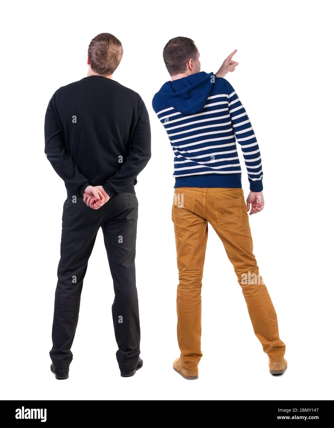 Back view of two man in sweater pointing. Rear view people collection ...
