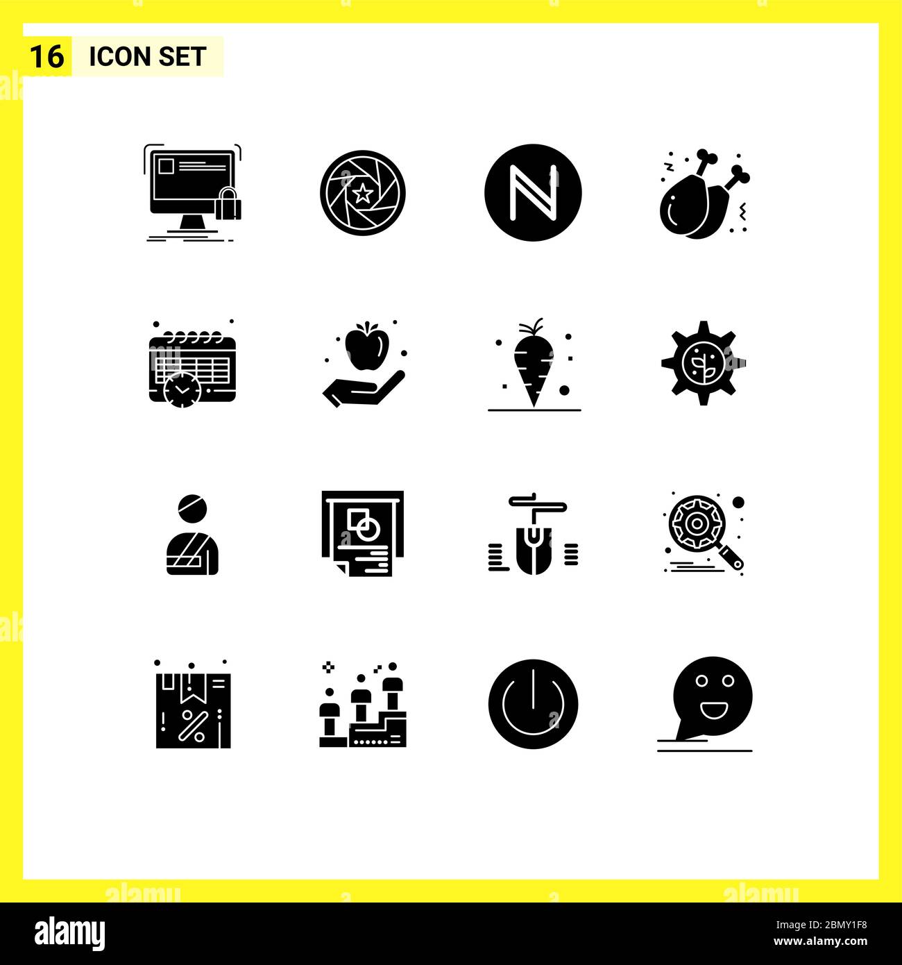 Group of 16 Solid Glyphs Signs and Symbols for schedule, leg, movie ...