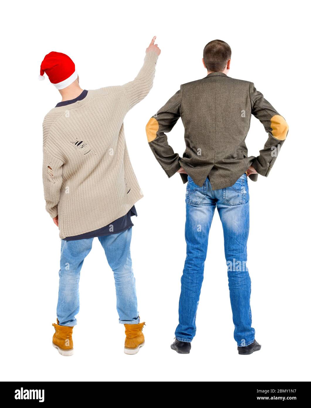 Back view of two man in sweater pointing. Rear view people collection ...