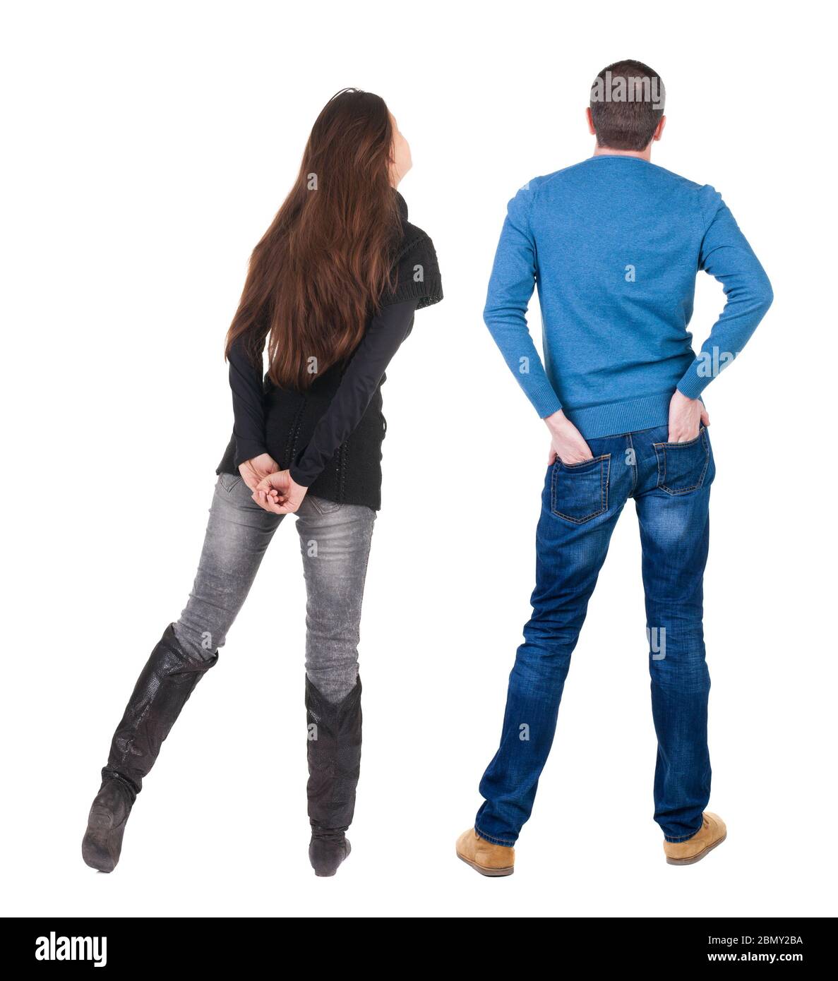 Back view couple in sweater. beautiful man and woman. Rear view people ...