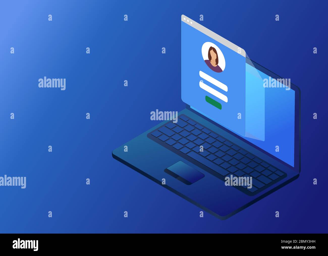 Laptop with log in or sign in screen form box. Vector isometric design ...