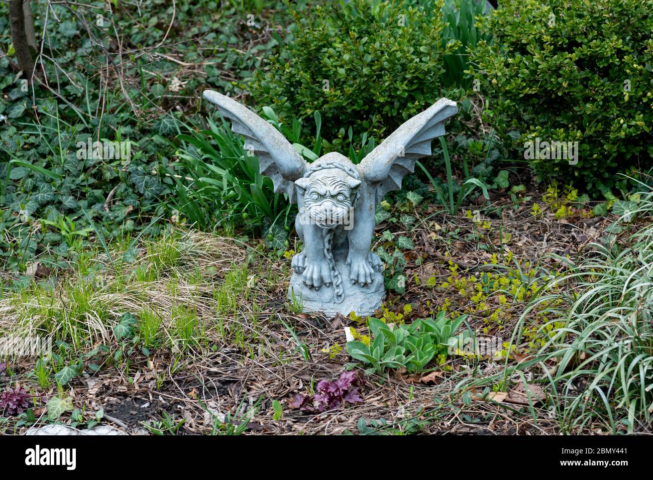 Old vintage Gargoyle statue in the form of a medieval winged monster ...