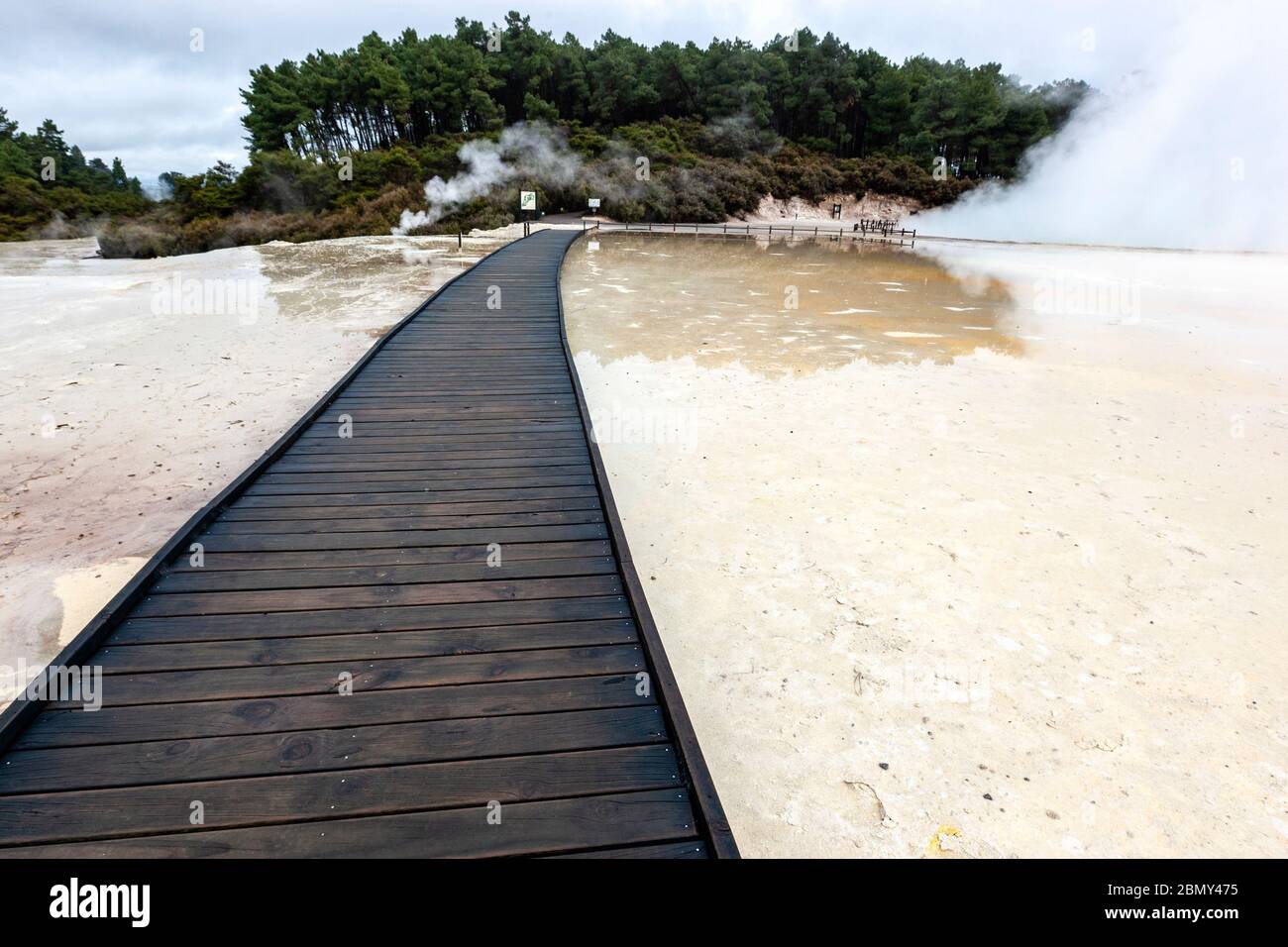 Wooden walk path in Wai-O-Tapu, Reporoa caldera, in New Zealand's Taupo ...