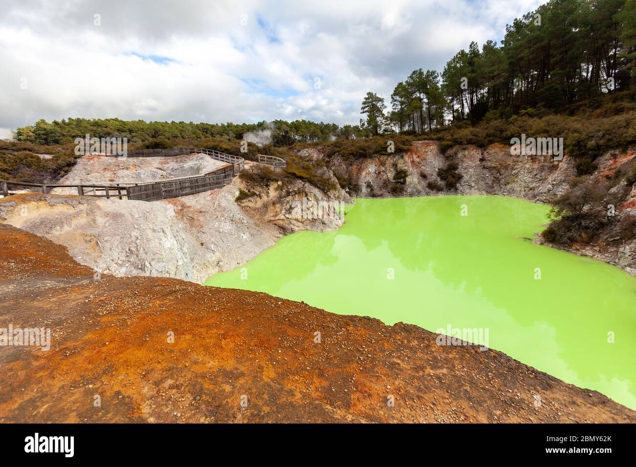 Water pond made yellow by sulphur, Wai-O-Tapu, Reporoa caldera, in New ...