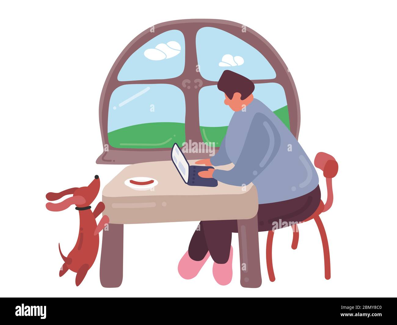 cartoon businessman sitting infront of his laptop at home during ...