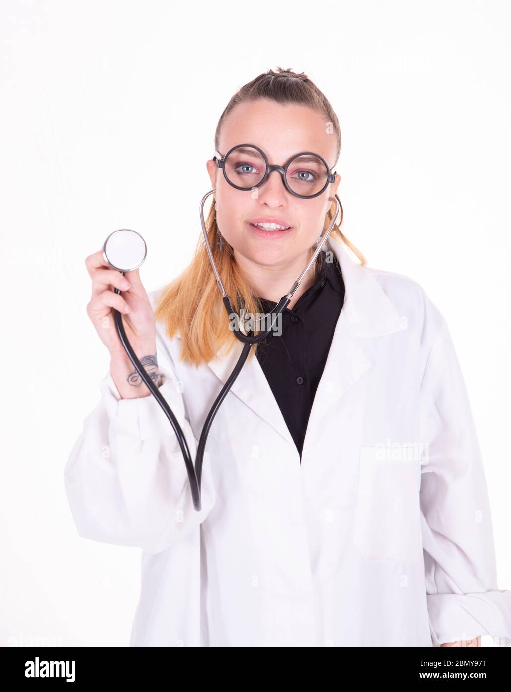 young medic with blue eye in the white background look the camera Stock ...