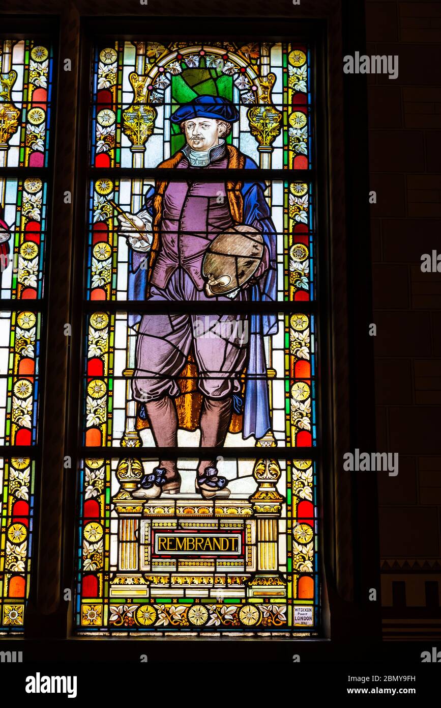Amsterdam, Netherlands - September 9, 2018: Colorful stained glass ...