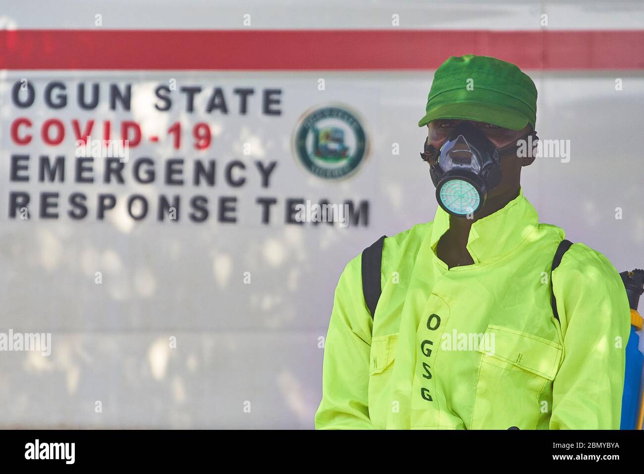 Portrait of a medical safety worker dressed in PPE, at the Ogun State ...