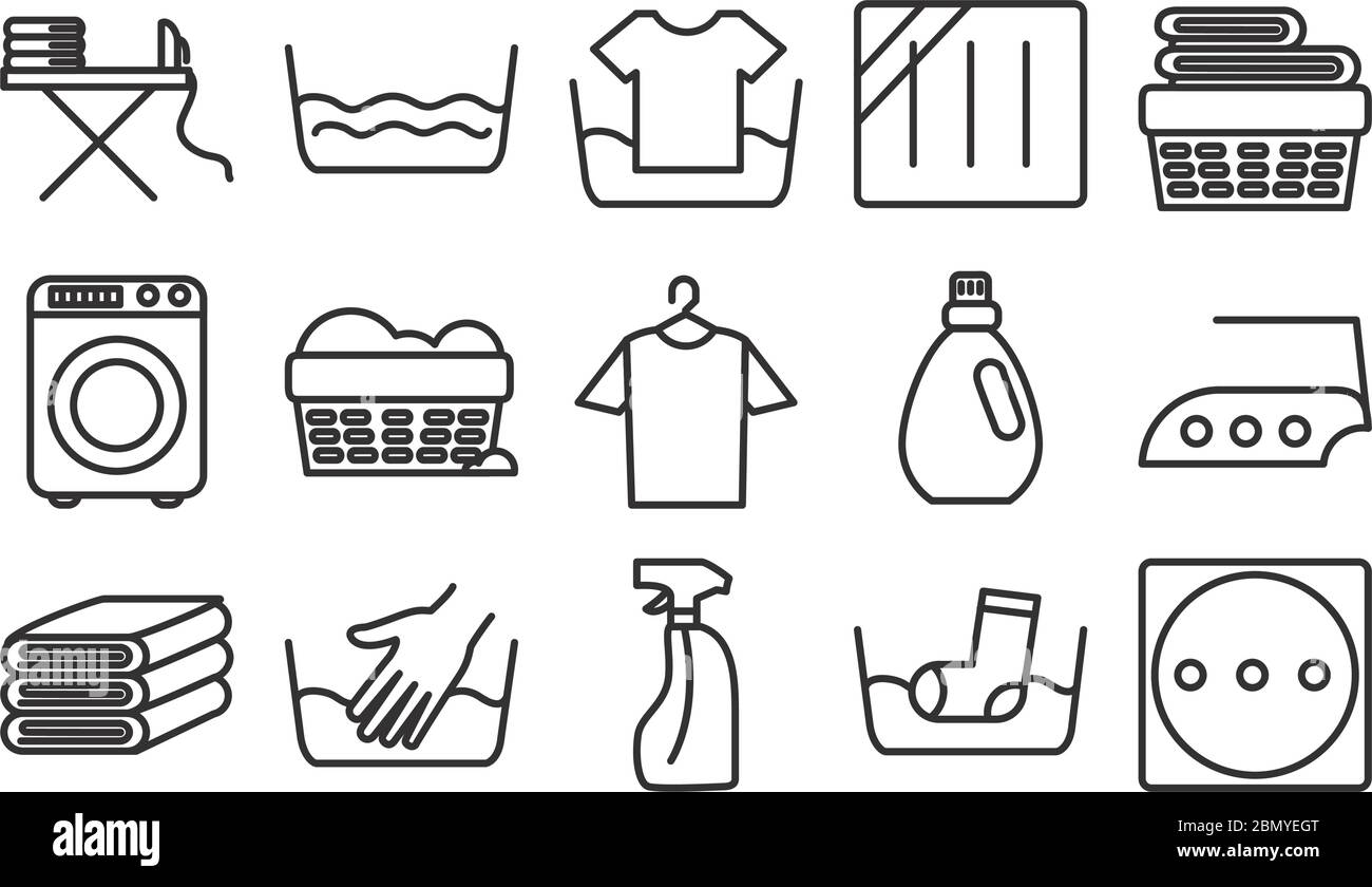 washing machine and Textile care icon set over white background, line ...