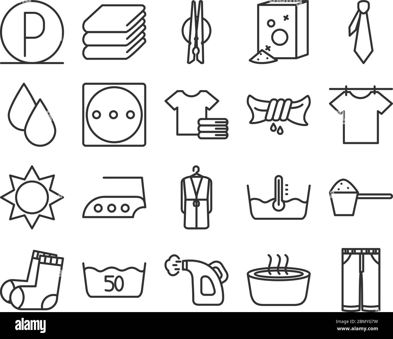 water buckets and Textile care icon set over white background, line ...