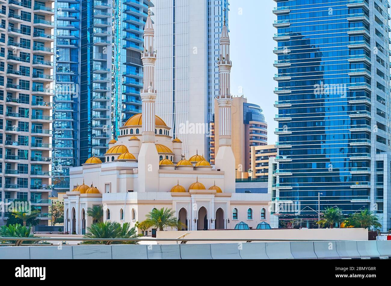 The facade, domes and minarets of Mohammed Bin Ahmed Al Mulla Mosque ...