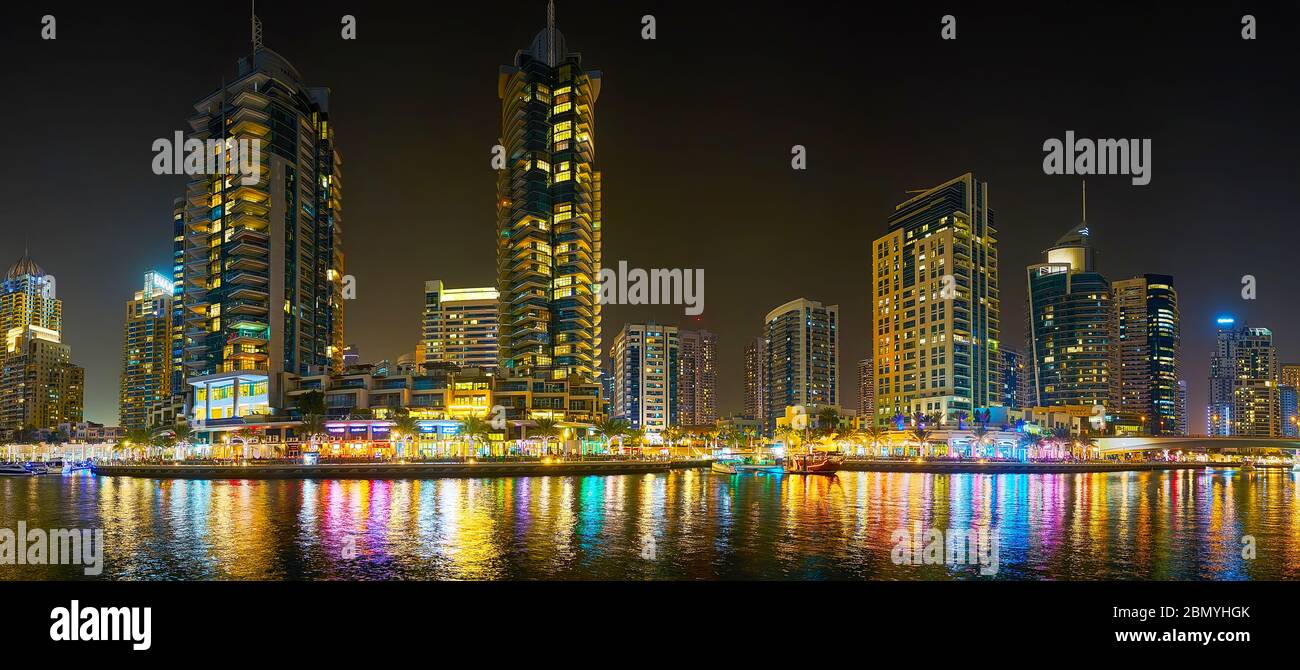 DUBAI, UAE - MARCH 2, 2020: Bright city lights decorate Dubai Marina ...
