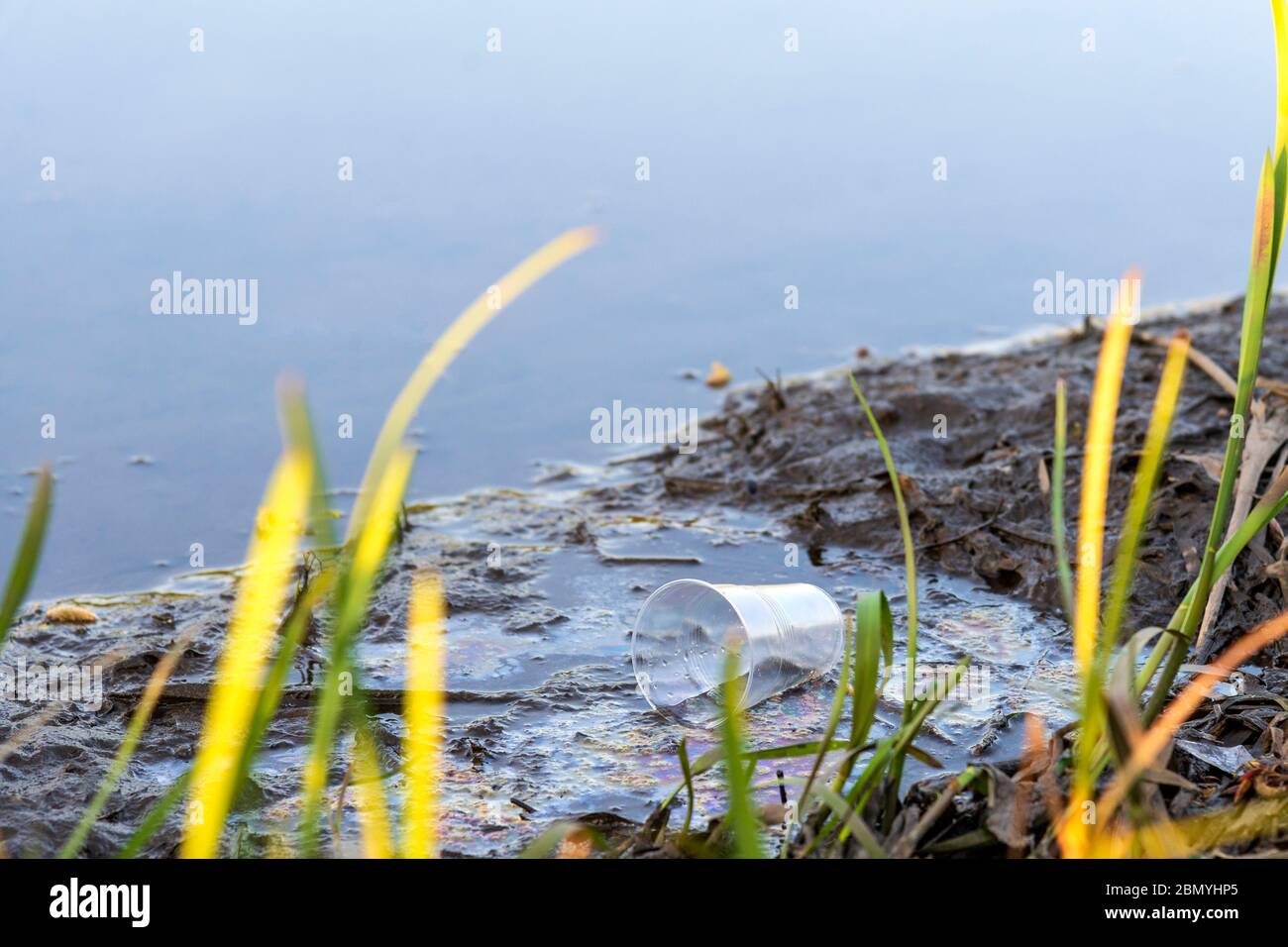 A disposable plastic cup was thrown into the river with oil stains ...