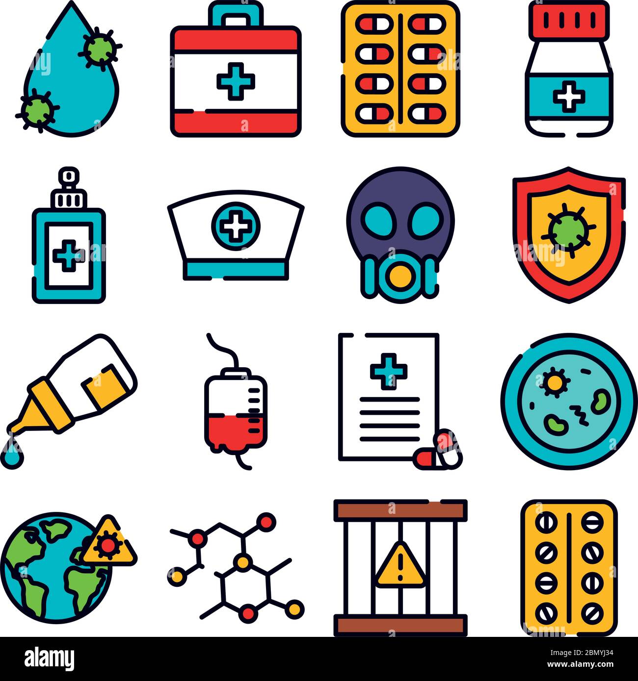 water drop, virus and medicine icon set over white background, line and ...