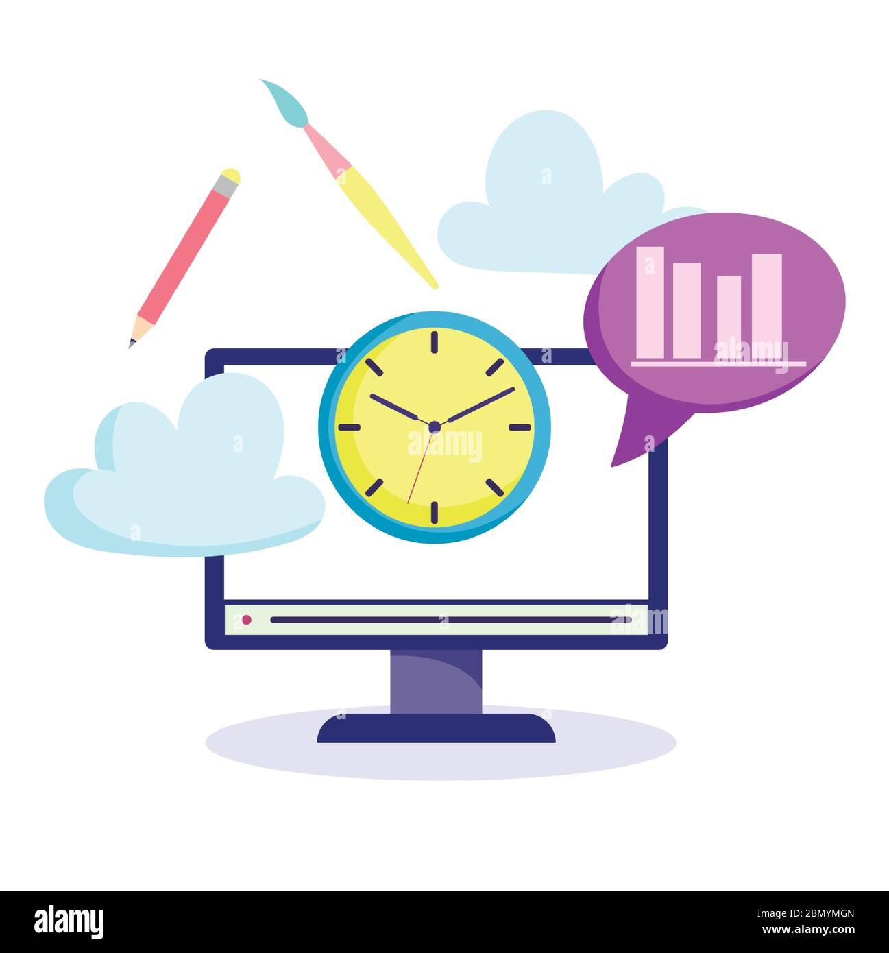 online education, computer clock pencil brush creativity vector ...
