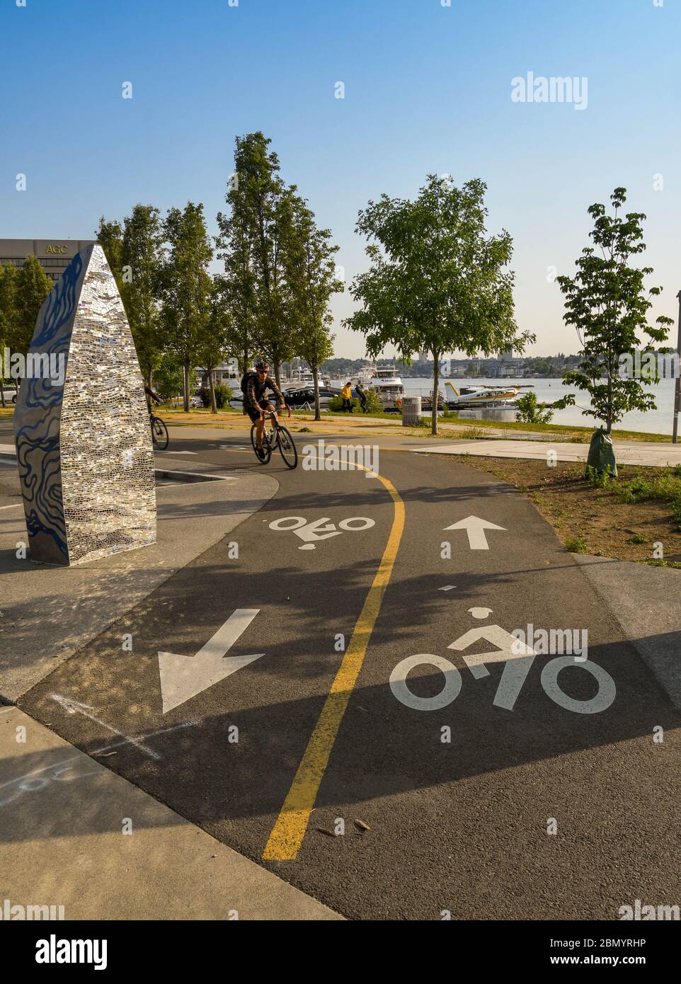 SEATTLE, WASHINGTON STATE, USA - JUNE 2018: Cycles lanes marked with ...