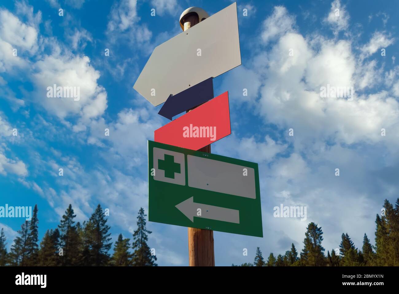 Path selection concept, banner, signpost on blue sky background, free ...