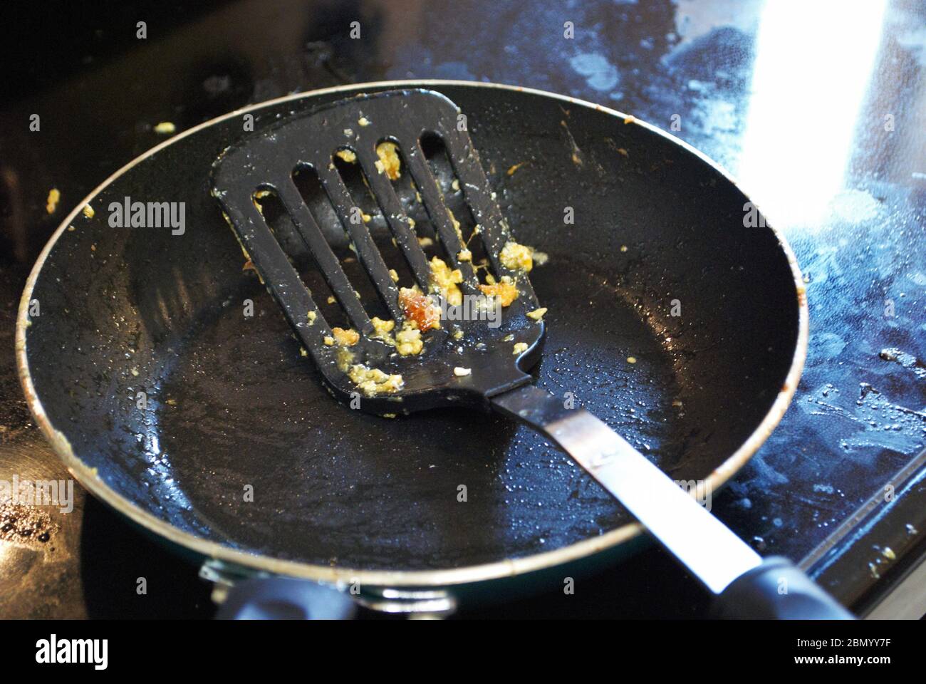 Dirty spatula sitting in an empty skillet on the stove after cooking ...