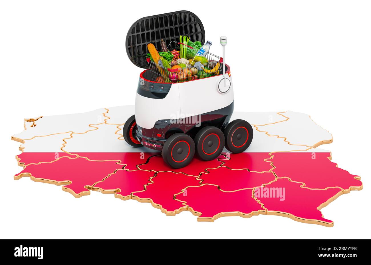 Autonomous delivery robot in Poland, 3D rendering isolated on white ...